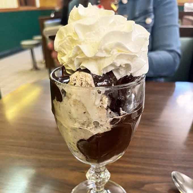 This hot fudge sundae towers like a delicious monument to the simple joy of really good ice cream.