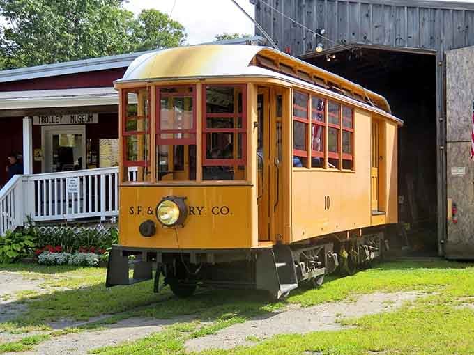 That vintage trolley sitting pretty, reminding us when public transportation had actual style and wooden seats.