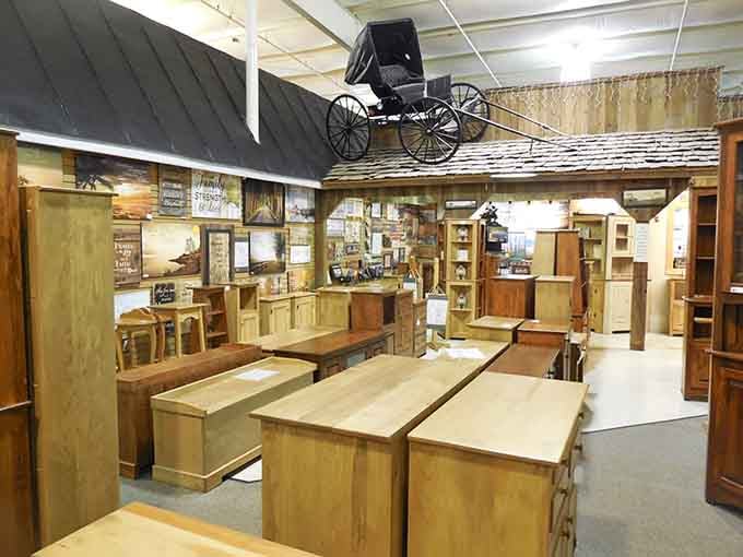 Solid wood furniture stretching into the distance, each piece built to survive generations of family dinners.
