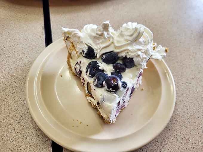 Blueberry cheesecake pie topped with whipped cream that's basically a slice of heaven on a plate.