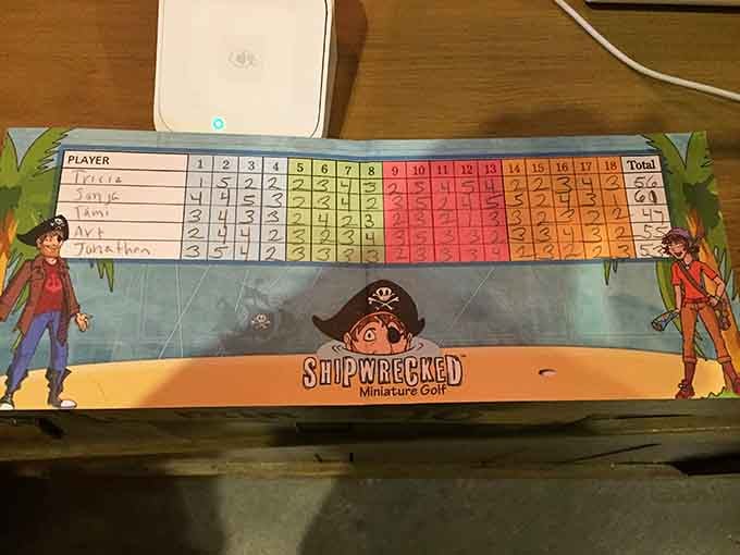 The colorful scorecard features pirate characters ready to judge your putting performance with cartoonish glee and zero mercy whatsoever.