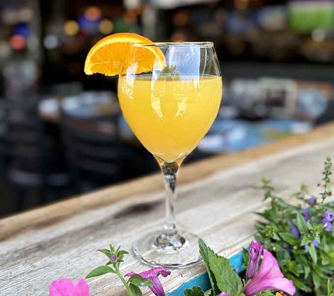 A mimosa garnished with fresh flowers and sunshine vibes, because brunch without bubbles is just a sad breakfast.