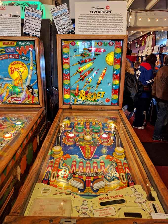 Williams Rocket pinball machine launches you into space-age fun with artwork that screams Cold War optimism and adventure.