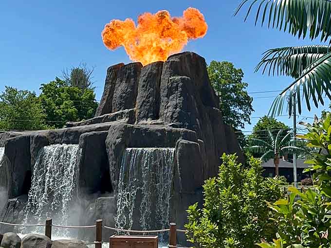 A volcano that actually erupts with flames and waterfalls makes your backyard sprinkler setup look positively prehistoric by comparison.