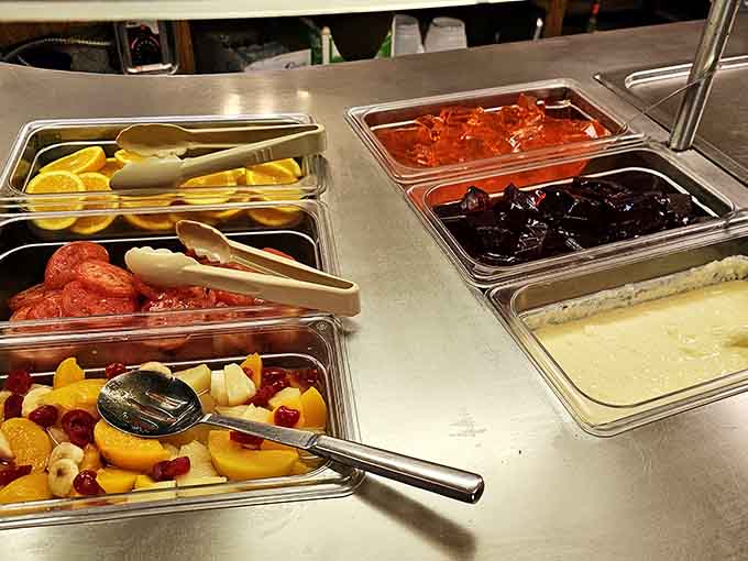 The salad bar spreads out like a colorful invitation to balance your inevitable pie consumption with virtuous vegetable choices.