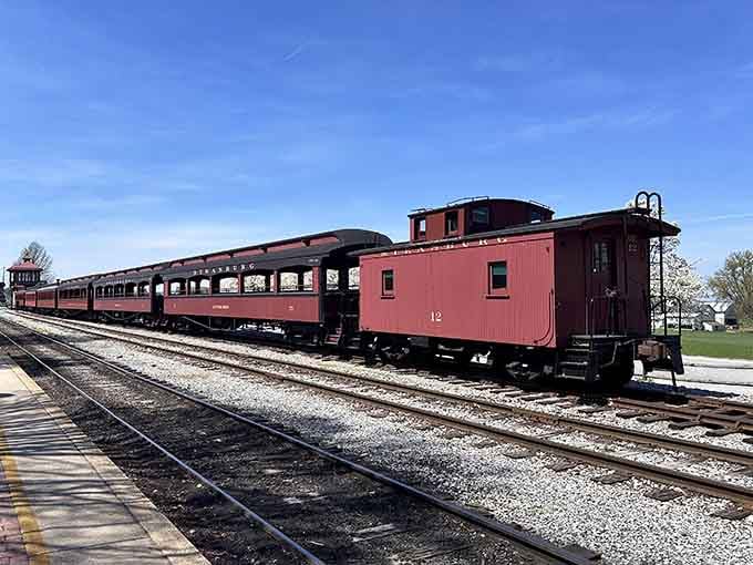 The caboose and open-air cars offer different perspectives on the same beautiful journey through Pennsylvania Dutch Country.