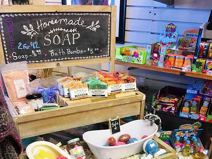 Homemade soap and bath bombs displayed like the little luxury items they are, almost too pretty to use.