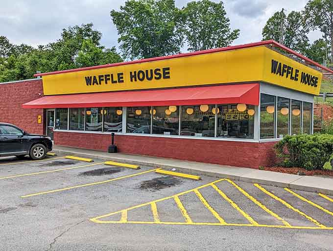 That familiar yellow beacon promising waffles and hash browns exactly when you need them most after mountain adventures.
