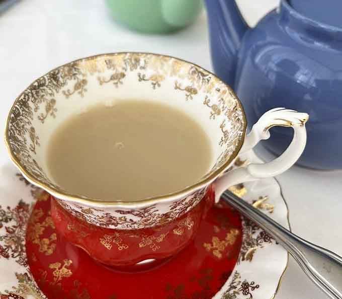 That gorgeous red and gold teacup holds vanilla chai that tastes as elegant as it looks.