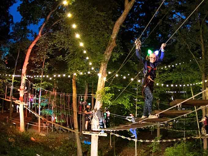 Embark on a glowing twilight journey through the treetops of Virginia, where twinkling lights guide your path through the forest.