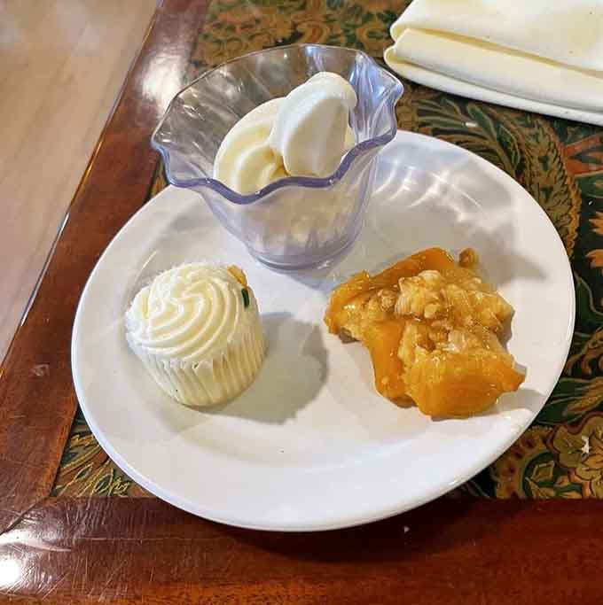 Peach cobbler, soft serve, and a cupcake walk into a buffet, and nobody has to choose just one.
