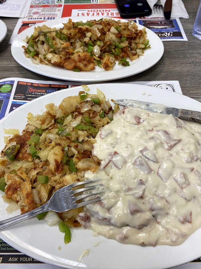 Creamed chipped beef over home fries, the kind of stick-to-your-ribs comfort food that never goes out of style.