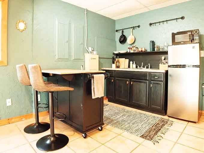 A full kitchen where you can cook breakfast while watching deer wander past the window outside.