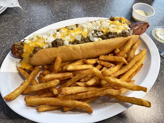 This loaded dog topped with meat and cheese proves that bigger is definitely better sometimes.
