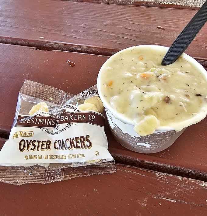 Creamy chowder thick enough to stand a spoon in, paired with oyster crackers like nature intended.