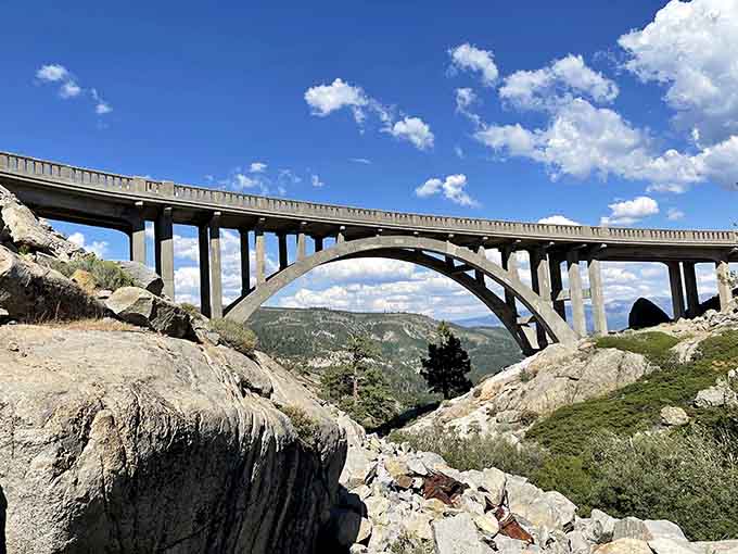 The Donner Summit Bridge arches gracefully over rugged terrain, proving engineers can be artists when they really try.