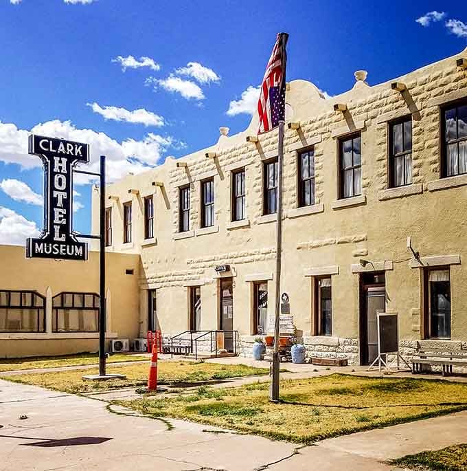 The Clark Hotel Museum stands proud under that big sky, preserving stories from when road trips were real adventures.