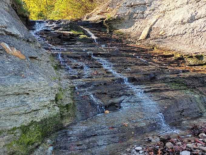 The sandstone cliffs reveal millions of years of geological history in horizontal stripes you can actually touch.