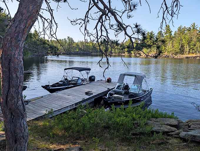 Your motorized steeds await at the dock, ready to carry you across waters the voyageurs once paddled by hand.