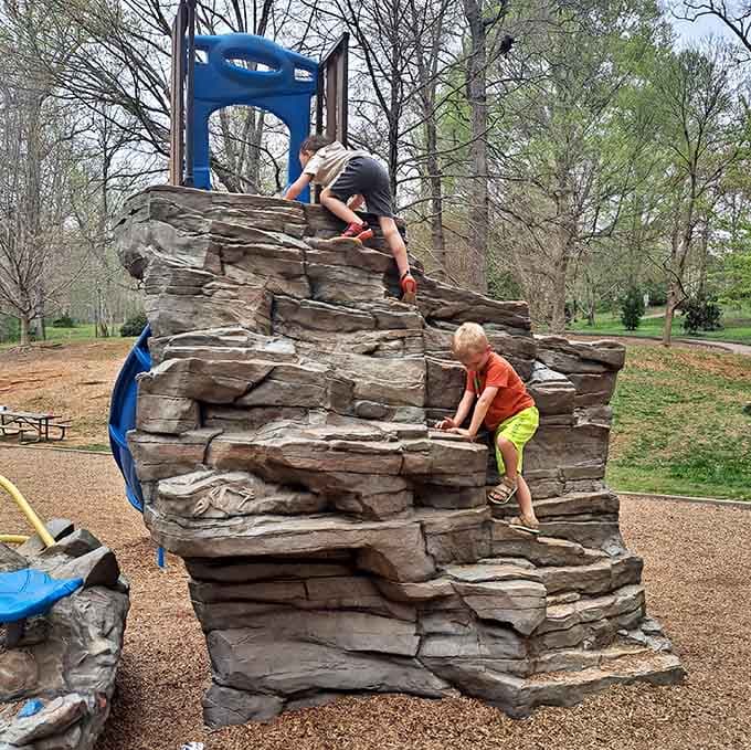 Young explorers scale these realistic rock formations like tiny mountaineers conquering their own personal Everest before snack time.