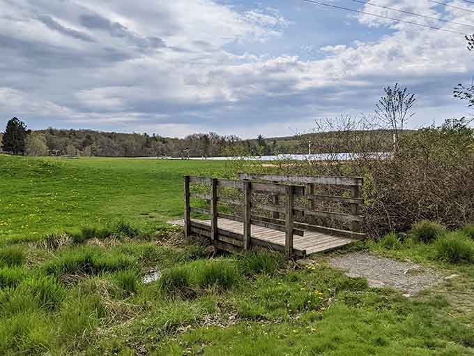 A rustic wooden bridge leading to spring meadows and distant lake views&mdash;your escape route from the everyday grind.