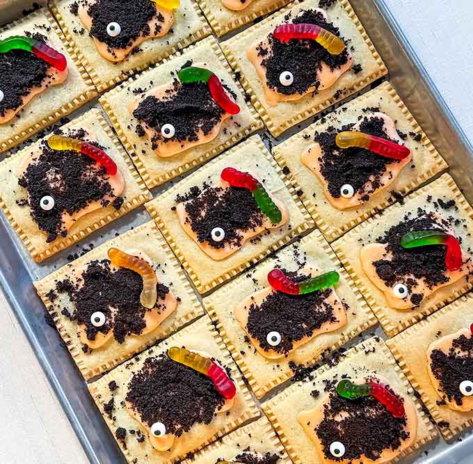 Playful dirt cake Weeshtarts topped with crushed cookies and gummy worms prove that baked goods can be both whimsical and delicious without sacrificing either quality.