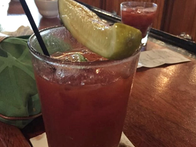 A Bloody Mary garnished with enough pickle to qualify as both drink and appetizer, Michigan style at its finest.