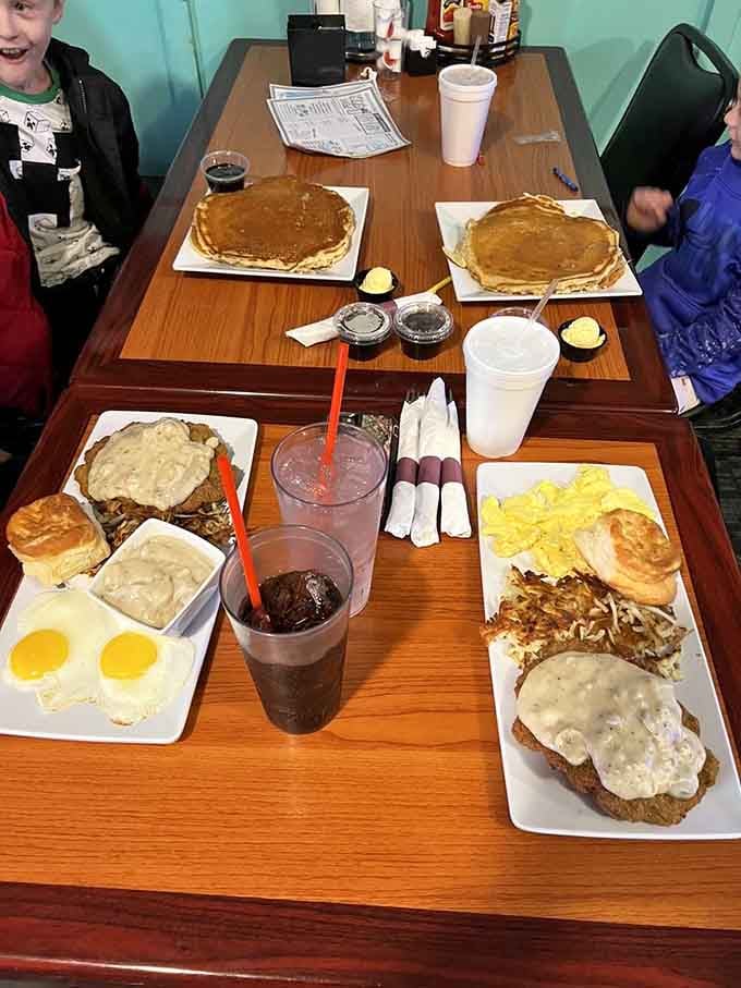 Pancakes the size of vinyl records prove that portion control is just a suggestion here, not a rule.