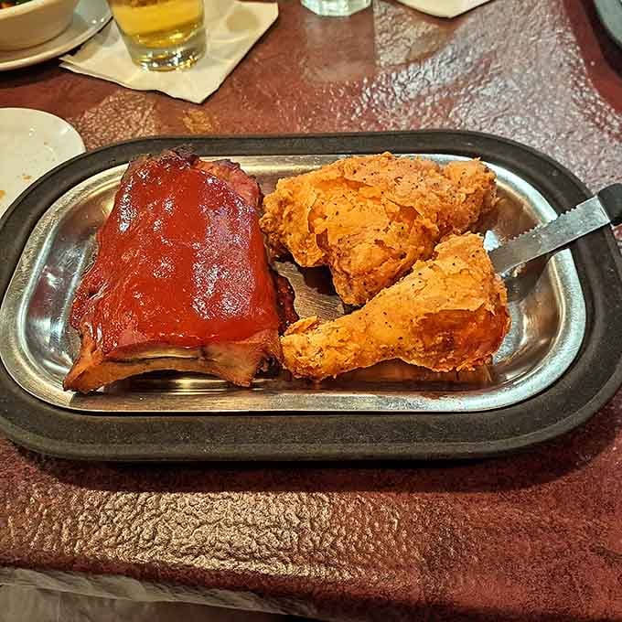 Barbecued ribs and fried chicken on one plate: because sometimes choosing just one protein feels downright un-American.