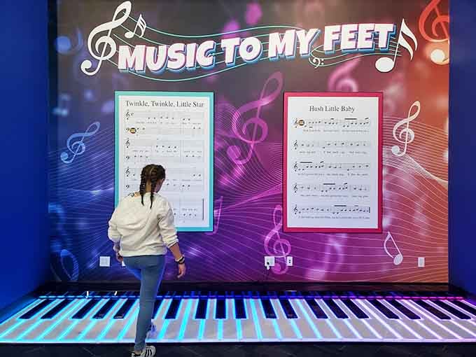 Giant floor piano keys turn everyone into Tom Hanks, minus the toy store and the tuxedo.