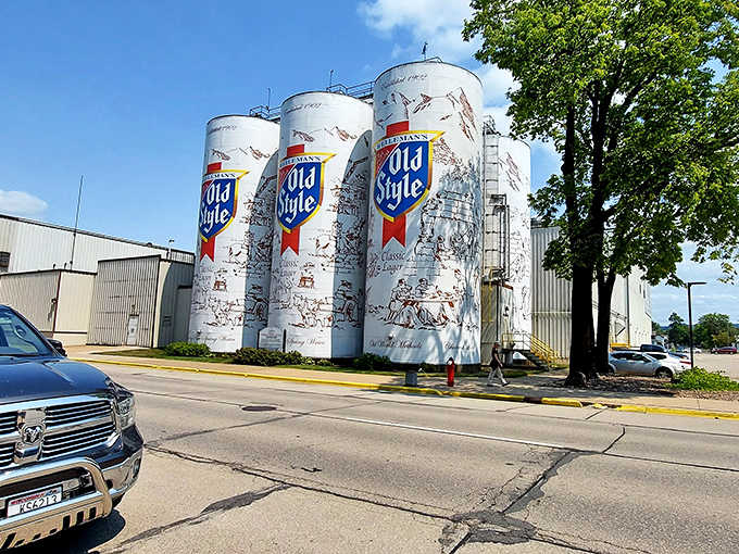 Summer sunshine illuminates every detail of the vintage illustrations decorating these magnificent monuments to Midwestern brewing tradition.