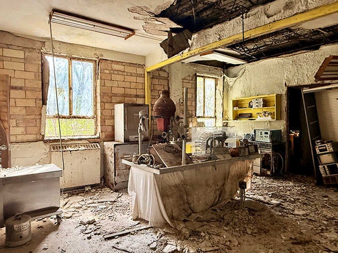 Laboratory equipment sits frozen in time, waiting for experiments that will never resume under normal scientific circumstances here.