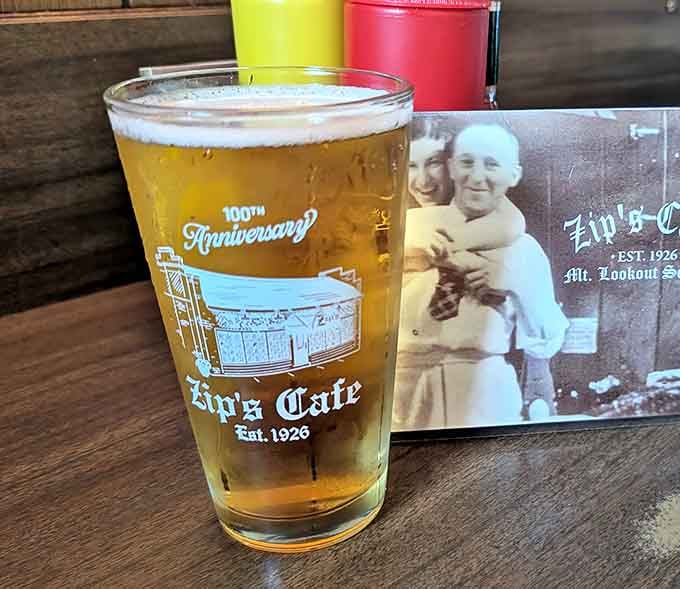 That golden pour looks like liquid happiness, perfect for washing down whatever wacky burger you ordered.