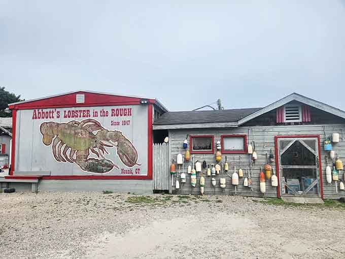 Abbott's Lobster in the Rough wears its coastal heritage proudly with colorful buoys decorating the weathered exterior.