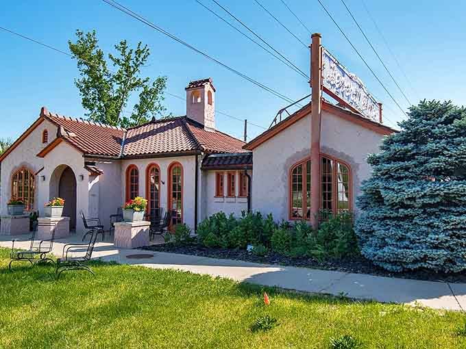 Spanish-style arches and terracotta roof tiles bring unexpected Mediterranean flair to the Indiana landscape.