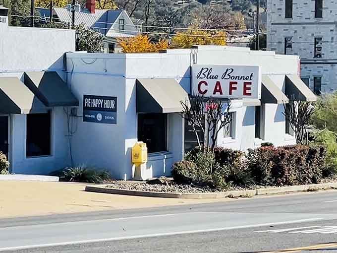 The cheerful white paint and autumn foliage frame this Hill Country gem where pie and chicken fried steak reign supreme.