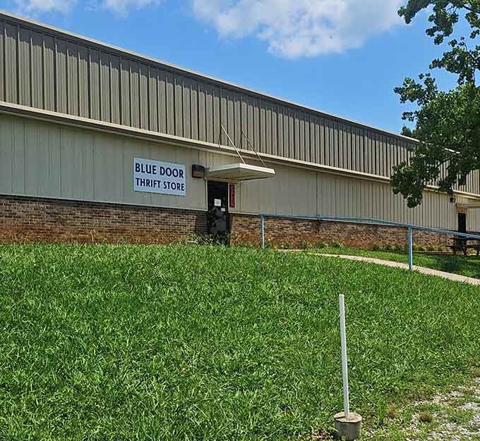 Tucked beside lush green grass, this unassuming building hides a world of bargains behind its simple facade.