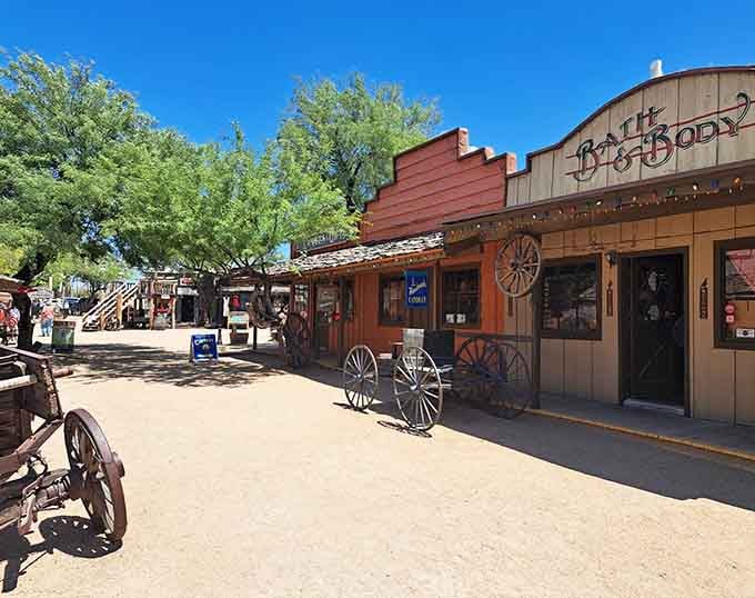 Wagon wheels and weathered wood storefronts transport you back to frontier days with delightful authenticity and charm.