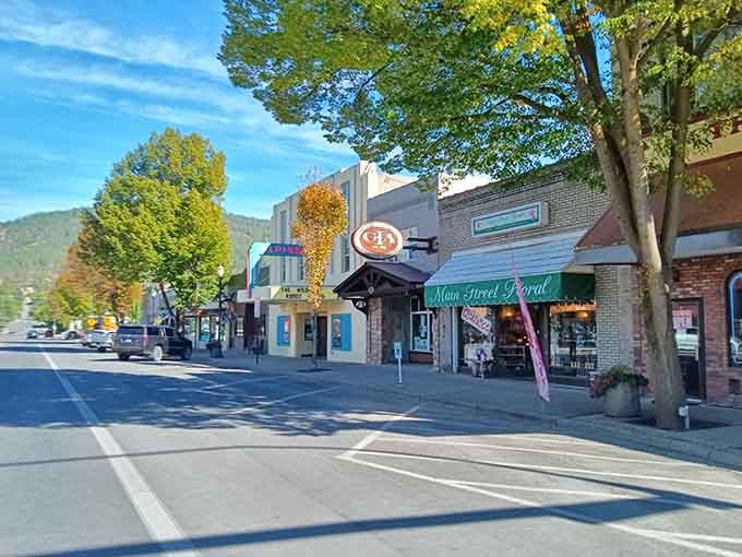 Mountains frame this main street like nature's own theater curtains, providing drama without the Hollywood price tag or attitude.