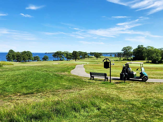 Ocean views stretch beyond emerald fairways where golf carts dot the landscape like toys.