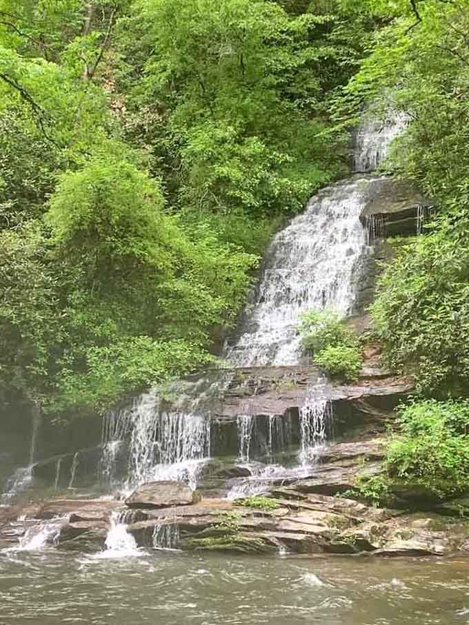 Deep Creek creates a wide curtain of water that looks like nature installed its own outdoor shower system.