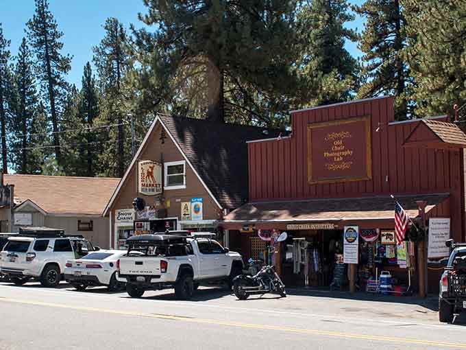 Mountain shops nestled among towering pines where the air smells like adventure and fresh coffee.