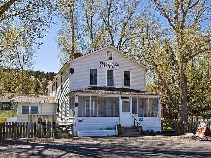 The historic Frenchglen Hotel's white clapboard exterior promises simple comforts in the middle of high desert nowhere.