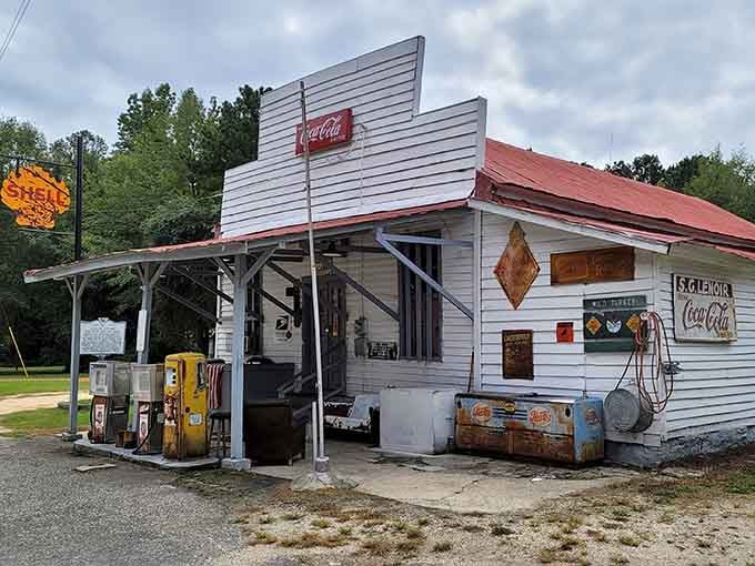Vintage gas pumps and weathered white siding transport you straight back to the Mayberry era instantly.