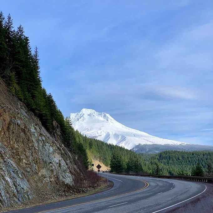 Mount Hood's snow-covered peak appears around the bend like an old friend you're always happy to see again.