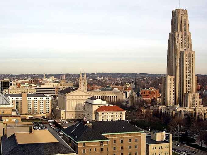 The Cathedral of Learning towers over Oakland like a Gothic rocket ship ready to launch knowledge into orbit.