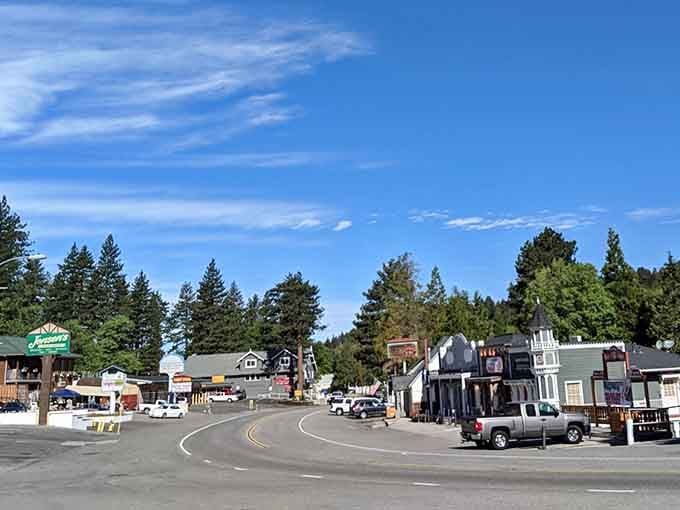 Pine trees stand sentinel around this mountain crossroads, where the air smells like Christmas every single day.