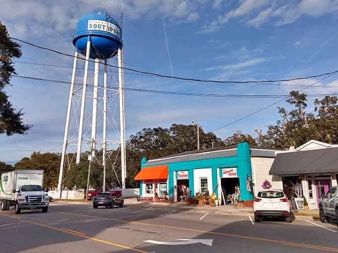 The water tower announces this coastal gem from miles away, a blue beacon of small-town hospitality.
