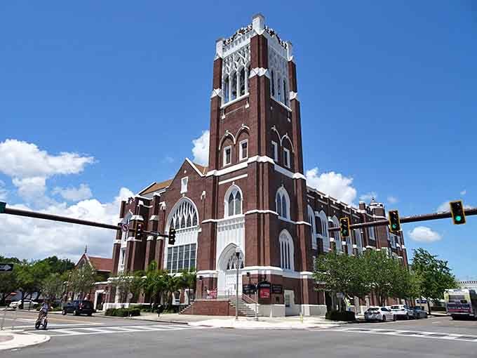 That soaring church tower commands attention, standing as a testament to the city's rich architectural heritage and history.