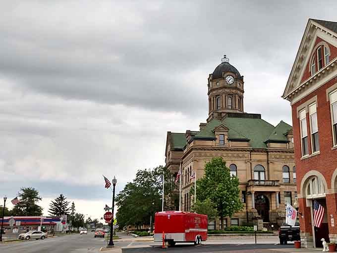 Storm clouds gather over the courthouse clock tower, adding dramatic flair to architecture that's already stealing the show.